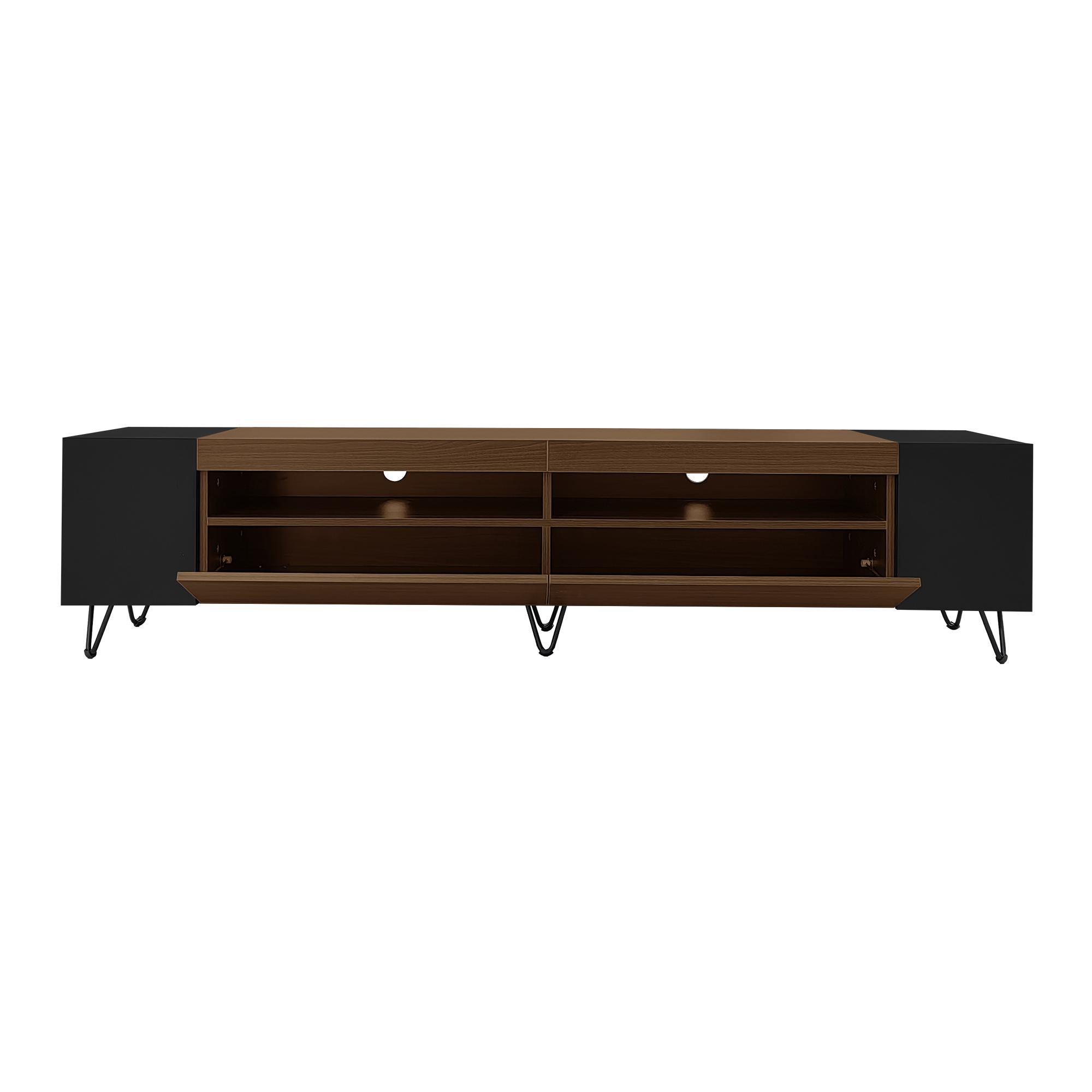 Modern TV Cabinet with 2 Front Doors and Open Side Compartments, Black ...