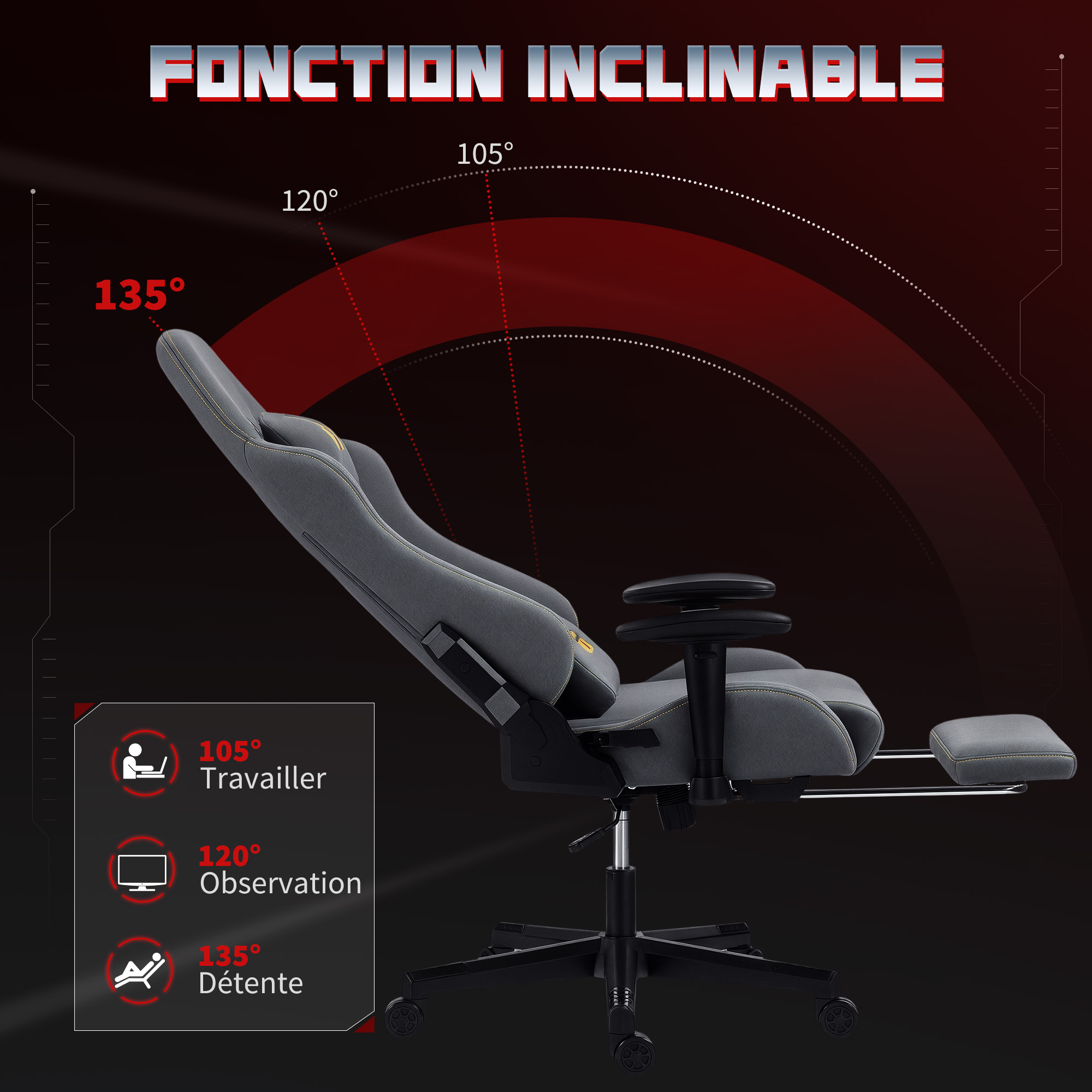 HOMCOM Chaise gaming ergonomique, fauteuil gamer avec accoudoirs 3D ...