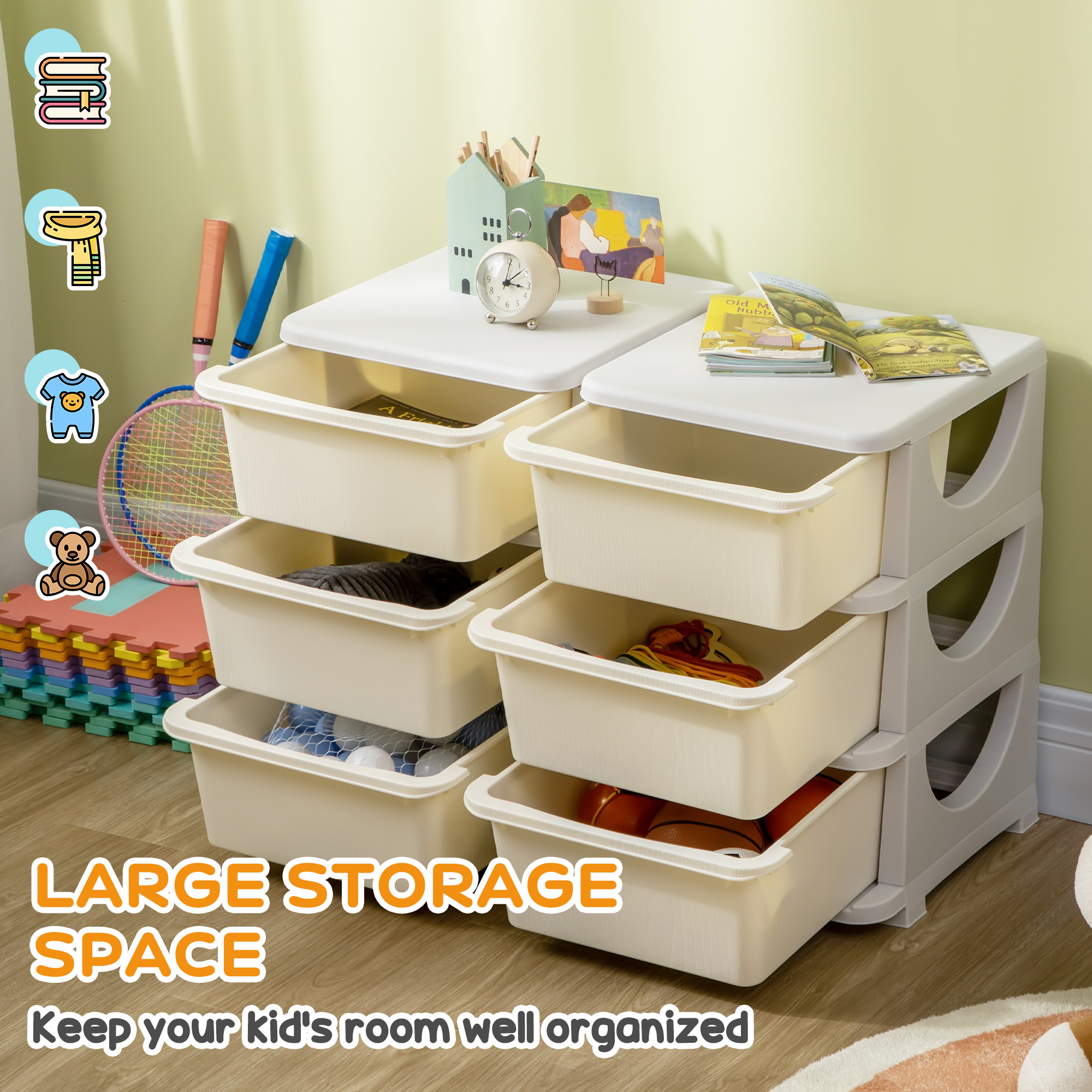 ZONEKIZ Kids Storage Units with 6 Drawers, 3 Tier Kids Toy Storage ...