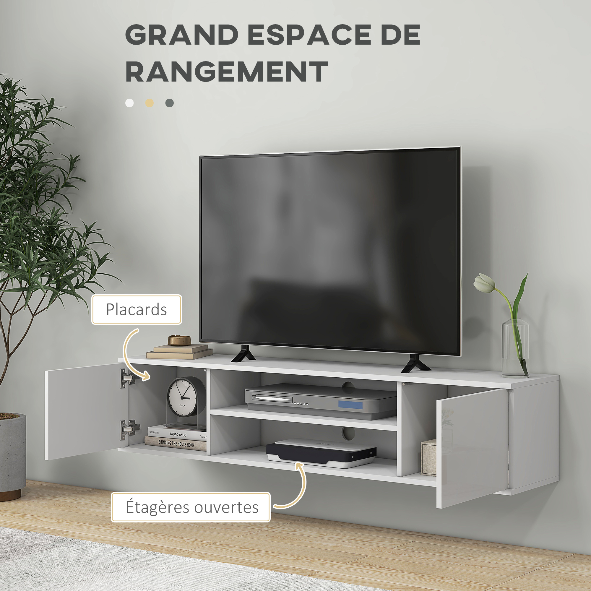 HOMCOM Meuble banc TV mural suspendu style contemporain 2 placards 2 ...