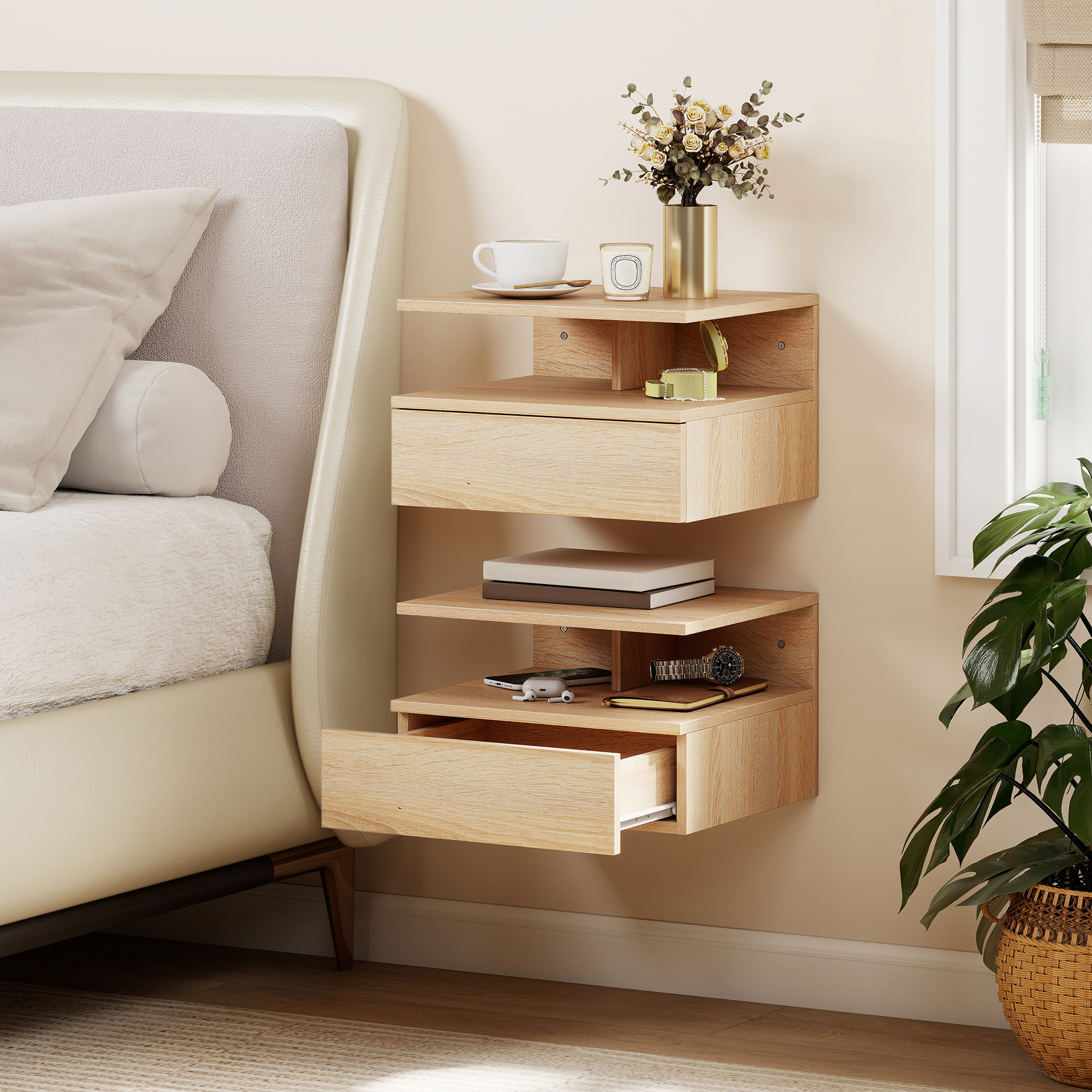 HOMCOM Floating Bedside Cabinet with Drawer and Open Shelf, Wall ...