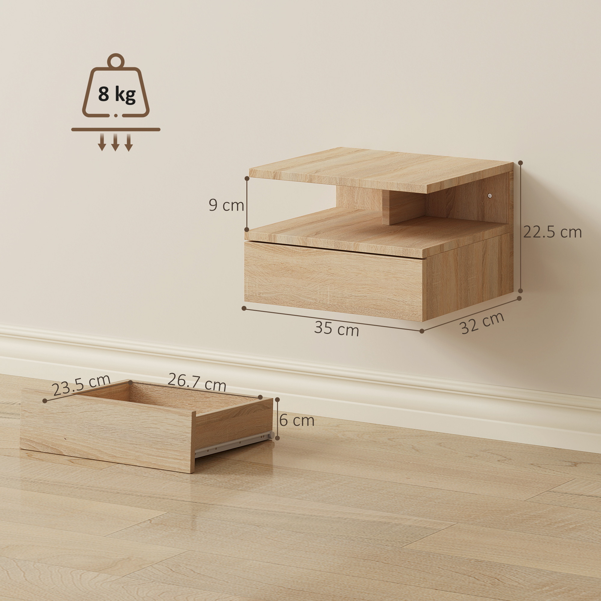 HOMCOM Floating Bedside Cabinet with Drawer and Open Shelf, Wall ...