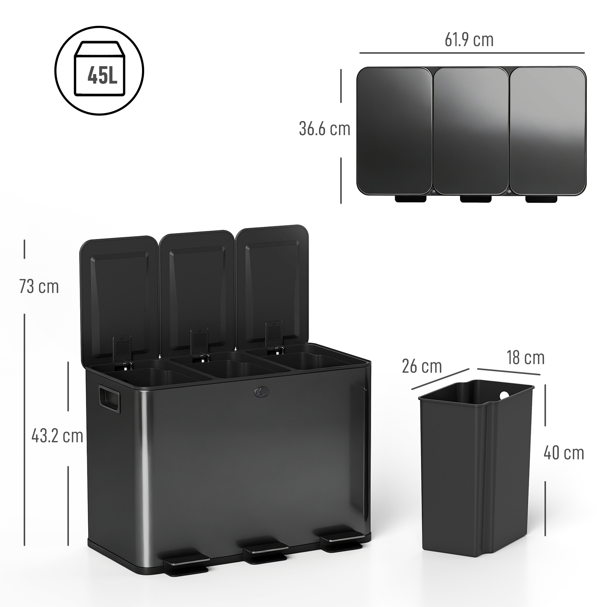 HOMCOM 3 x 15L Pedal Bin, Steel Triple Kitchen Bin with Soft Close Lid ...