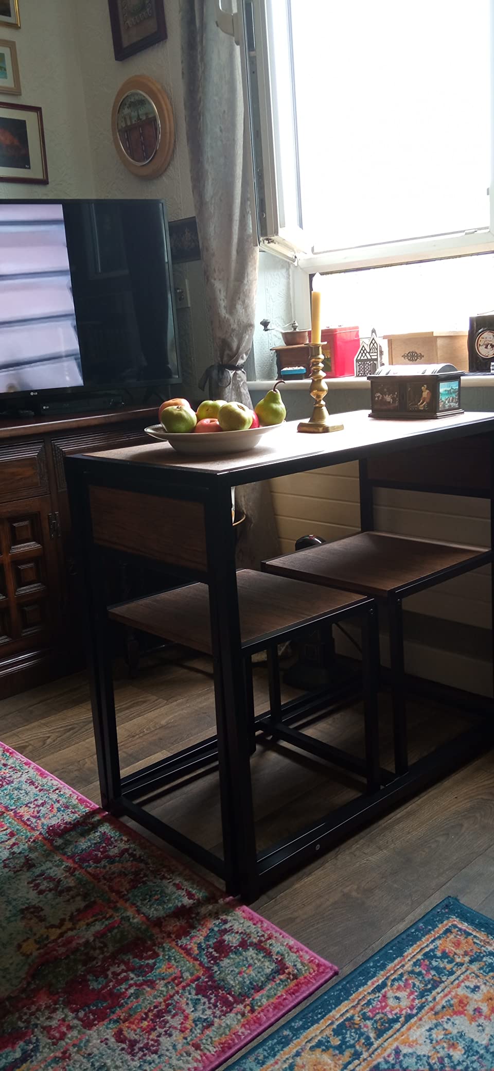 HOMCOM 3 Pcs Table Stool Set Industrial Design w/Steel Frame MDF Panels ...
