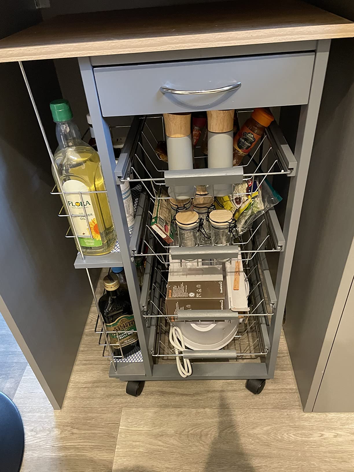 HOMCOM Multi-Use Kitchen Island Trolley w/ 4 Baskets 2 Side Racks ...