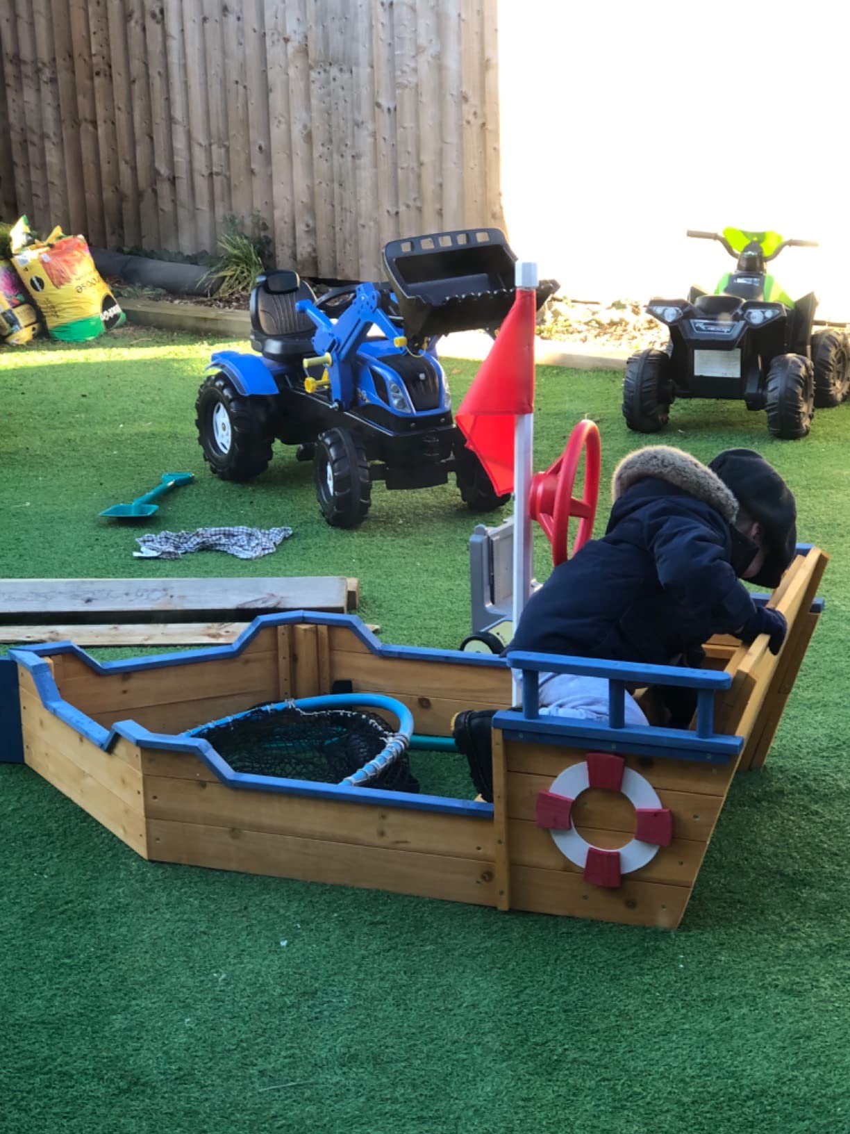 Outsunny Kids Wooden Sandpit Pirate Ship Sandboat Children Sandbox ...