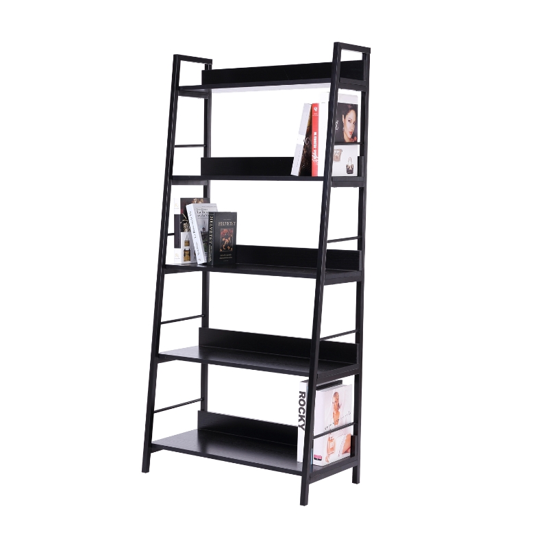 HOMCOM 5-Tiers Heavy Duty Leaning Ladder Bookcase Wooden Rack Storage ...