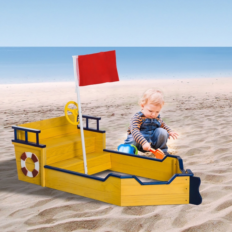 HOMCOM Kids Boat Sandbox, 157.5Lx78Wx46H cm-Brownish Red