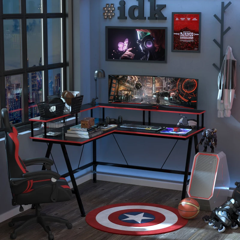 HOMCOM L-Shape Corner Gaming Desk Computer Table with Elevated Monitor ...