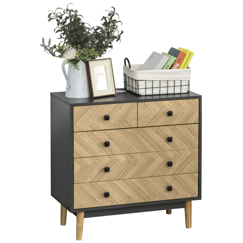 HOMCOM Commode en bois meuble de rangement avec 5 tiroirs chiffonnier ...