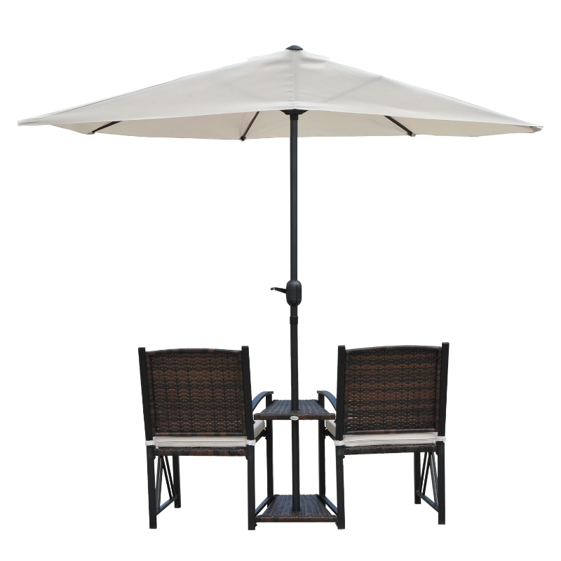 Outsunny 2-Seater Rattan Chair Set W/ Umbrella-Brown/Beige