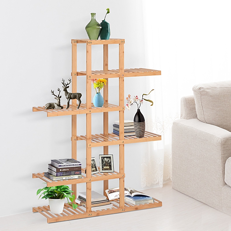 HOMCOM Standing Bamboo Shelves Simplistic 6-Tier Storage Shelf Natural ...