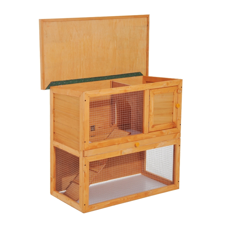 Pawhut Guinea Pigs Hutch Wooden 90cm 2 Tiers Rabbit Hutch Double Decker ...