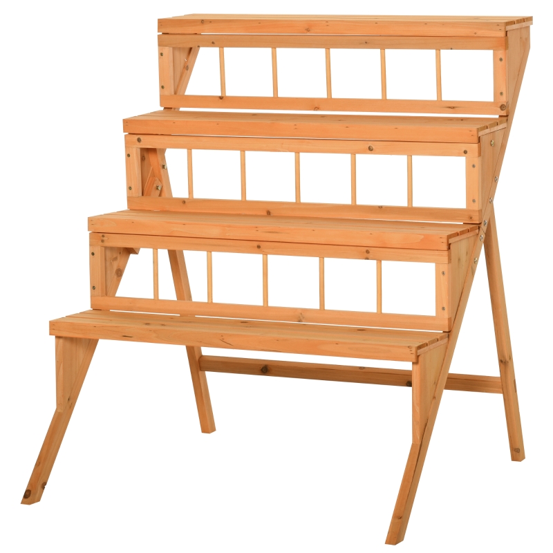 Outsunny Wooden Rustic 4-Tier Raised Plant Stand with Slatted Shelves ...