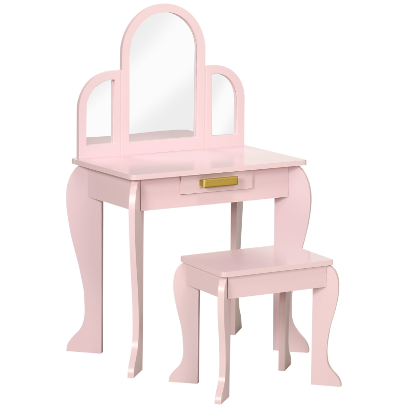 HOMCOM Kids Dressing Table with Mirror and Stool, Kids Vanity Set, Girl ...