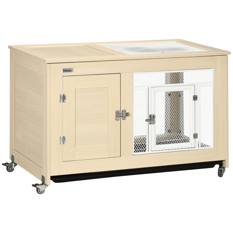 PawHut Rabbit Hutch with Wheels, Guinea Pig Cage with Openable Roof ...