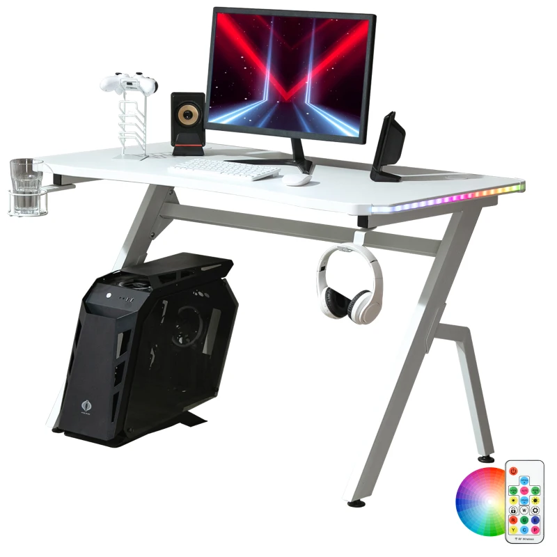 HOMCOM White Gaming Desk with LED Lights Racing Style Ergonomic ...