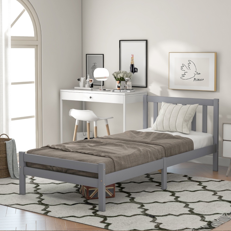 Solid Wooden Single Bed Frame with Headboard and Footboard Grey Aosom UK