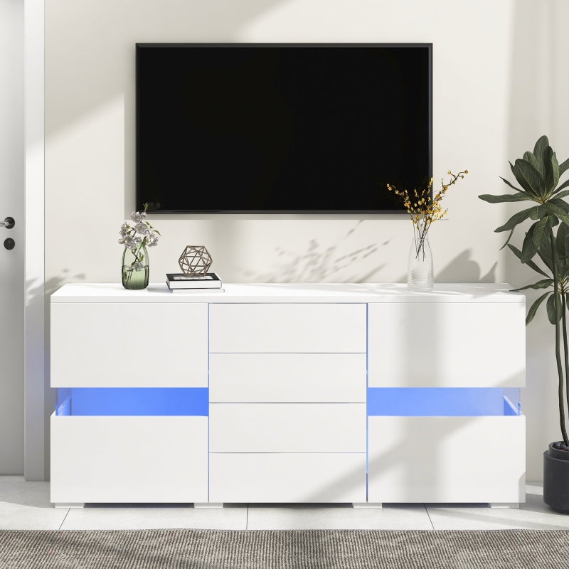 Matt and High Gloss Modern Sideboard Storage Cabinet with LED Lights White Aosom UK
