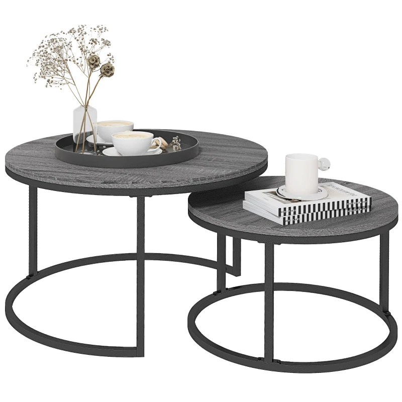 HOMCOM Industrial Nesting Coffee Table Set of 2, Round Coffee Tables ...