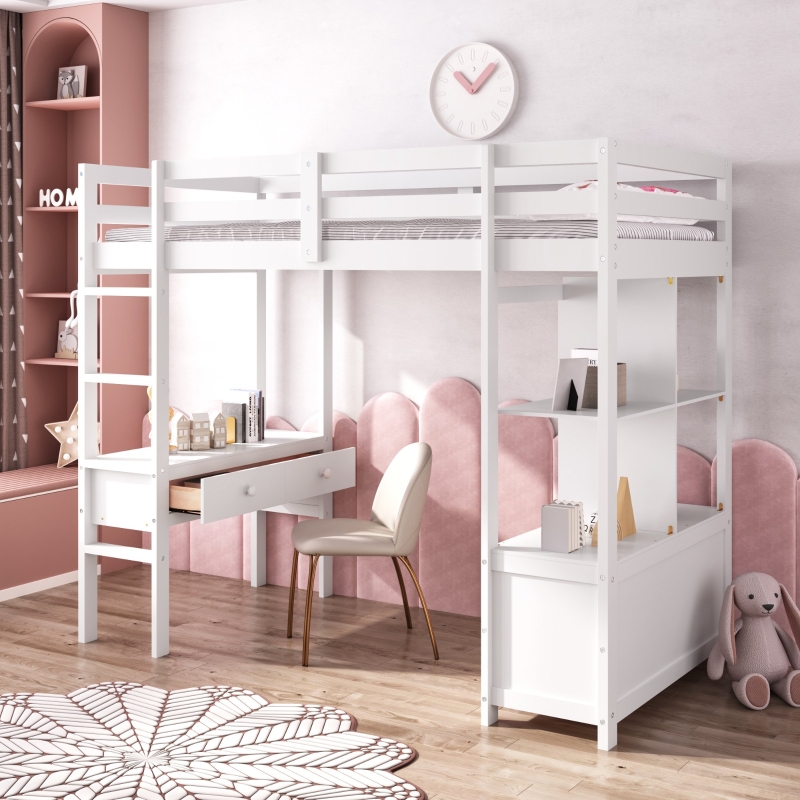 Single Loft Bed with Desk and Drawers White Aosom.UK