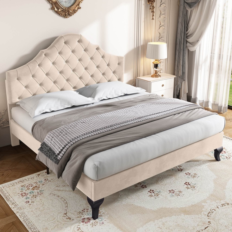 Upholstered Double Bed with Adjustable Headboard Beige Aosom.UK