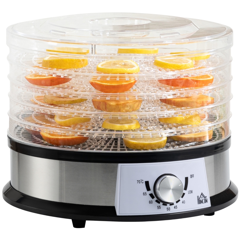 HOMCOM 5 Tier Food Dehydrator 250W Stainless Steel Food Dryer Machine with Adjustable Temperature for Drying Fruit Meat Vegetable Jerky and Pet Treat Silver Aosom UK