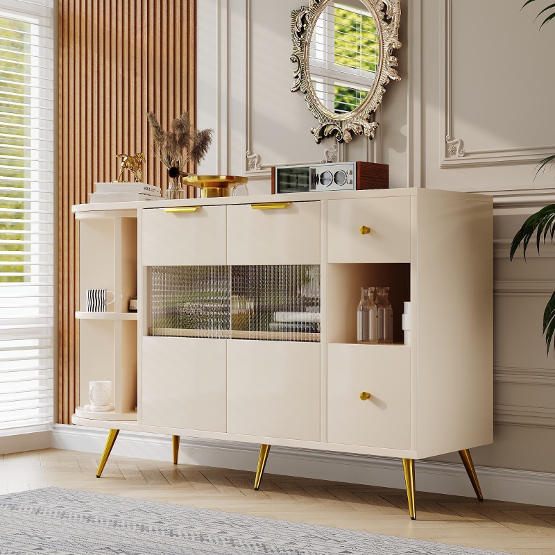 Sideboard Aufbewahrungsschranke mit Glastur und LED Leuchten Beige Aosom
