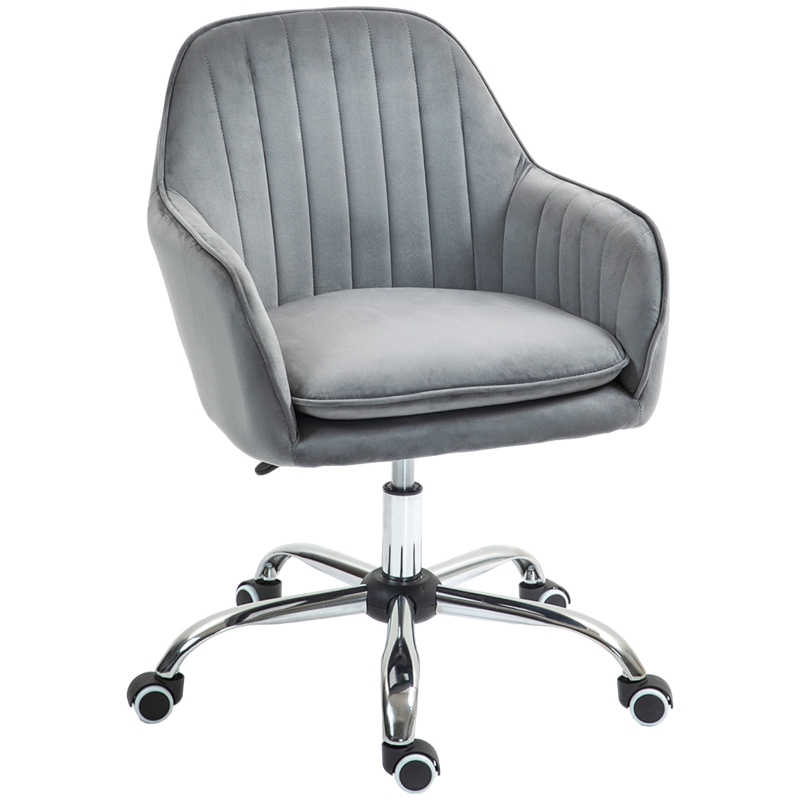 HOMCOM Office Chair Swivel Desk Chair Velvet Feel Fabric Vanity Chair with Adjustable Height and Rolling Wheels for Home Work Study Grey Aosom UK