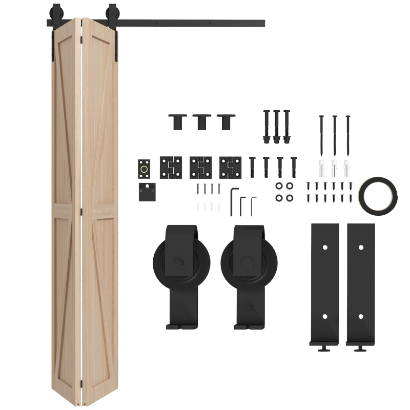 HOMCOM 4FT 122CM Bi Folding Sliding Barn Door Hardware Track Kit Heavy Duty Sliding Door Kit for 2 Doors with J Shape Hanger Aosom UK