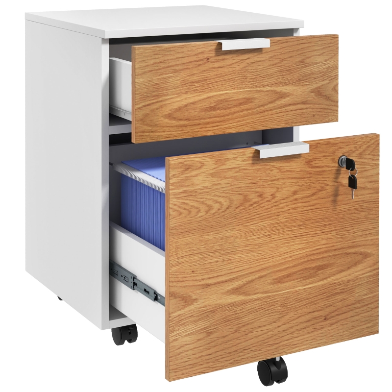 HOMCOM 2 Drawer Filing Cabinet with Lock and Wheels Mobile File Cabinet with Adjustable Hanging Bars for A4 and Letter Under Desk Office Cabinet White and Natural Wood Effect Aosom UK