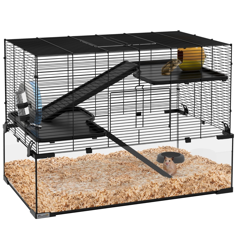 PawHut 3 Tiers Hamster Cage Gerbil Cage with Deep Glass Bottom Non Slip Ramps Platforms Hut Exercise Wheels Water Bottle Dish for Syrian Hamster Dwarf Hamster 78.5 x 48.5 x 57cm Aosom UK
