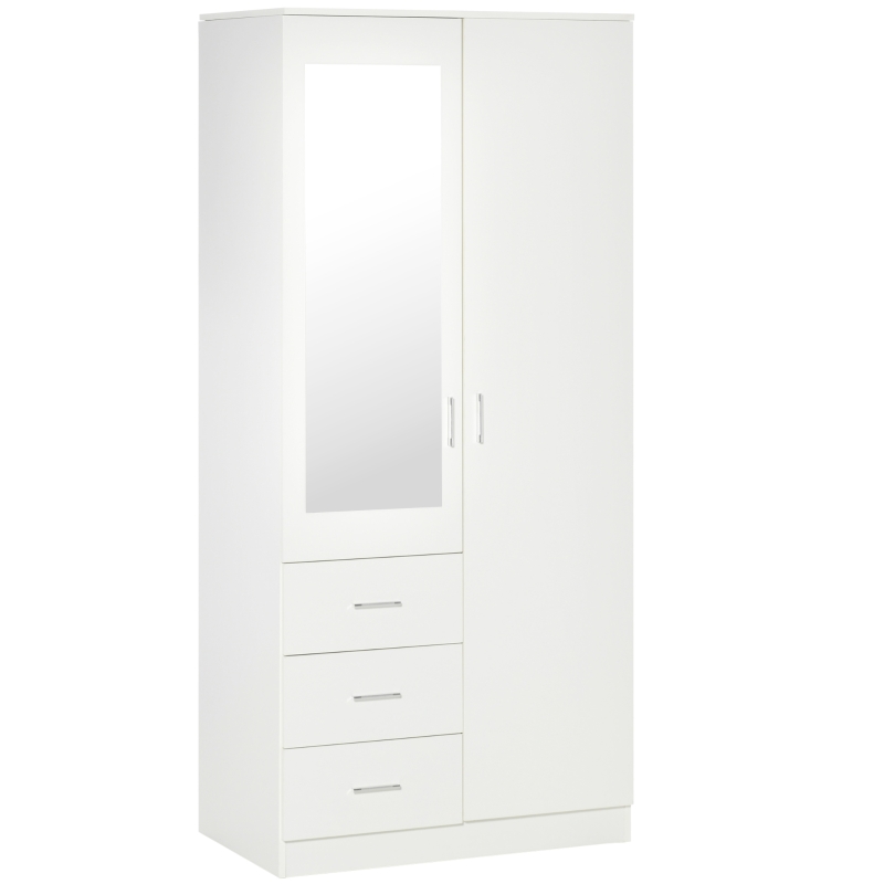 HOMCOM Modern Mirror Wardrobe 2 Door Storage Cupboards Home Storage Organisation Furniture with Adjustable Shelf Hanging Rail and 3 Drawers 180cm White for Bedroom Aosom UK