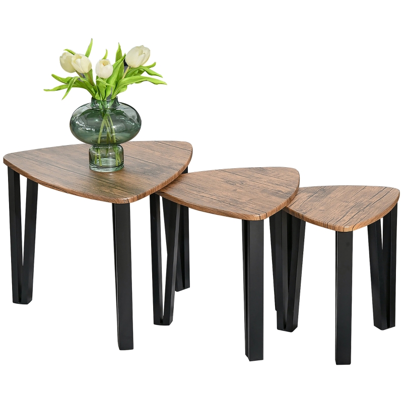 HOMCOM 3 PCs MDF Steel Nesting Table Coffee Table Set Multifunctional End Side Table Living Room Furniture Walnut Wood Grain Aosom UK